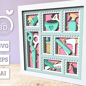 3D Hair Style Stamps Frame Shadow Box SVG, Flat Iron 3d Svg, Hair Salon ...
