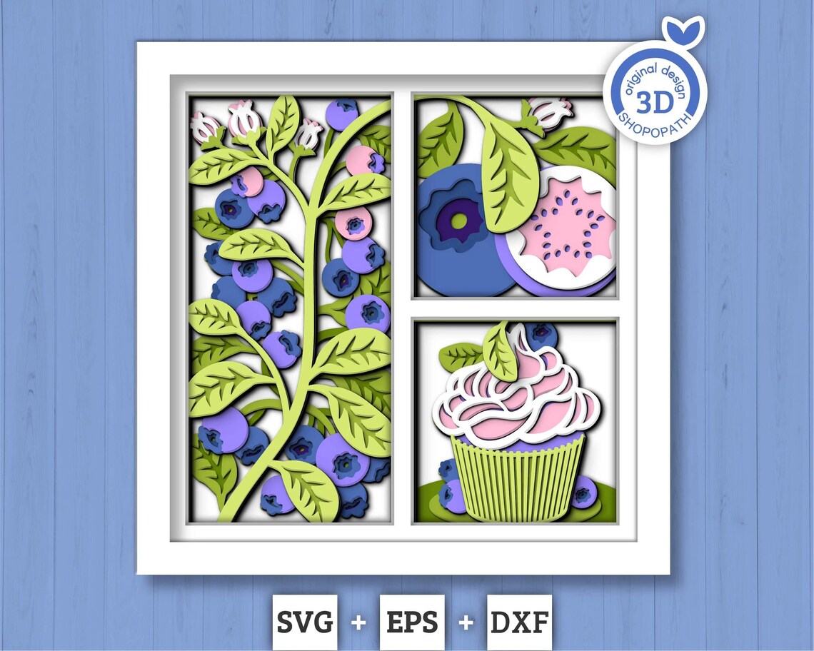 Blueberry Fruit With Cupcake Panels - 3D Shadow Box Layered SVG DXF EPS ...