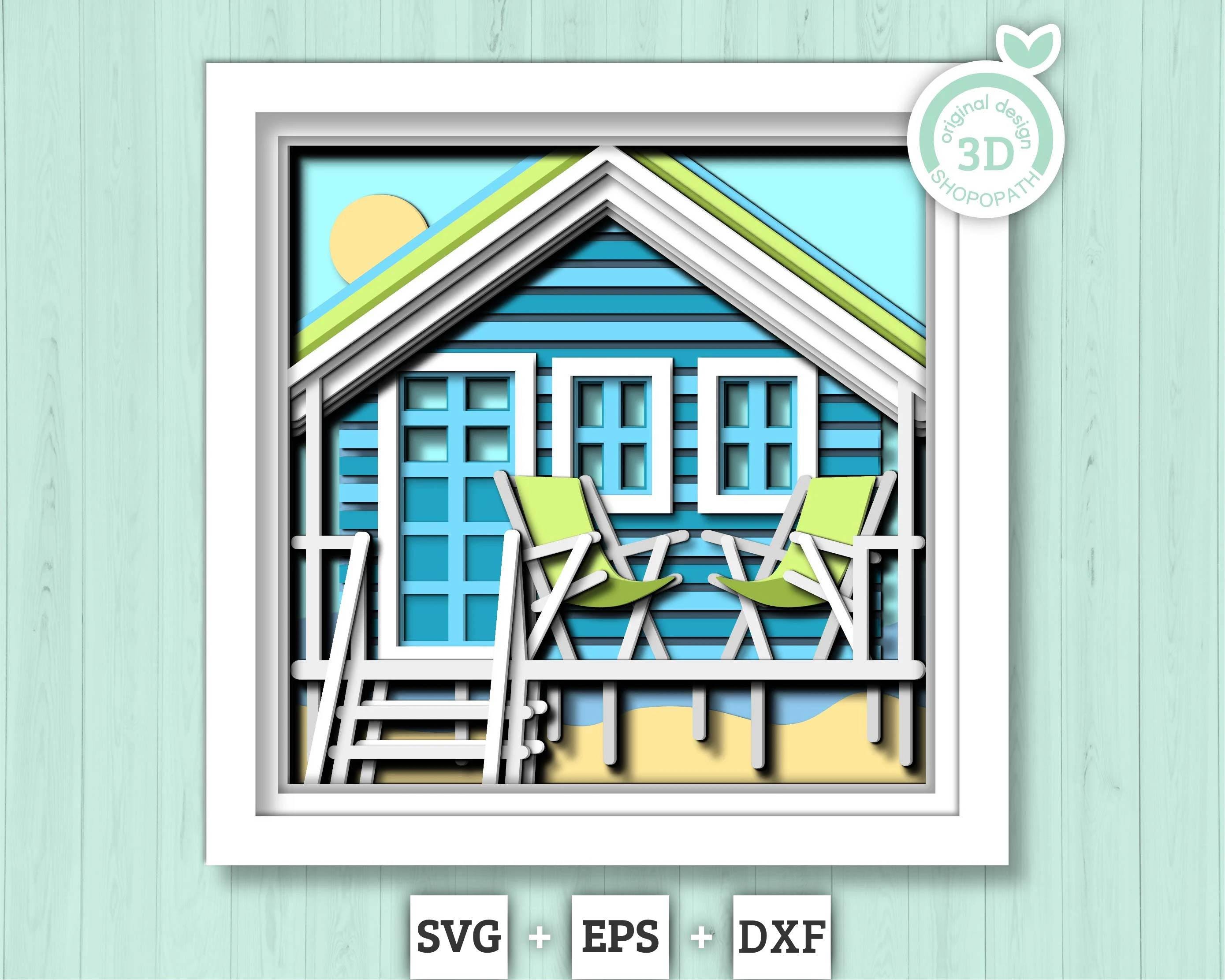 Beach House With Terrace - 3D Shadow Box Layered SVG DXF EPS (cutting ...
