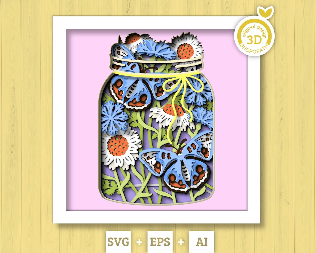 3D Butterfly in Jar Shadow Box SVG, Layered Wild Flowers SVG, Spring ...