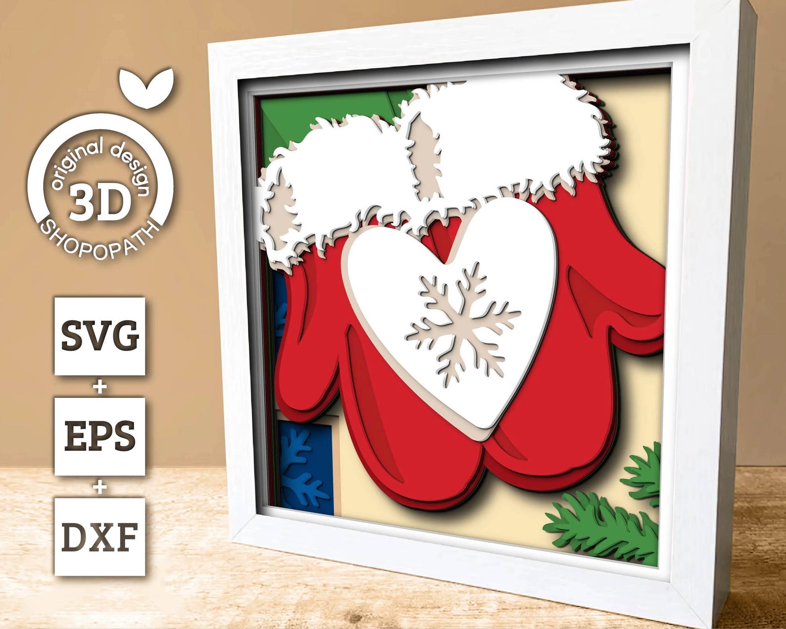 Christmas Mittens With Snowflake Heart - 3D Shadow Box Layered SVG DXF ...