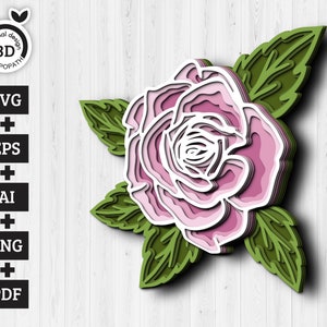 3D Layered Rose With Leaves SVG PDF EPS, Layered Flower Svg, Layered ...