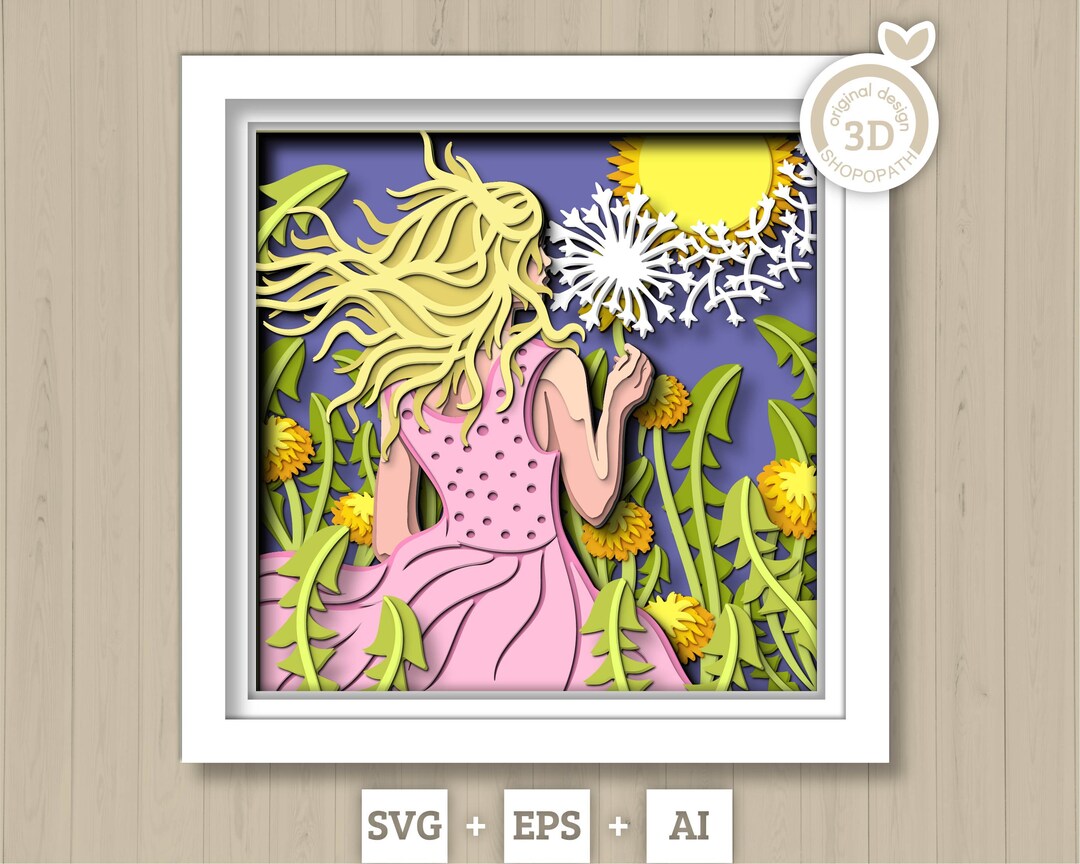 3D Dandelion Girl Shadow Box SVG Layered Dandelions SVG, Spring Shadow Box, Flowers 3D Svg ...