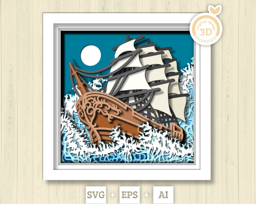 3D SVG Sailing Ship Shadow Box, Ship 3D Svg, Beach 3d Svg, Sea 3D Svg ...