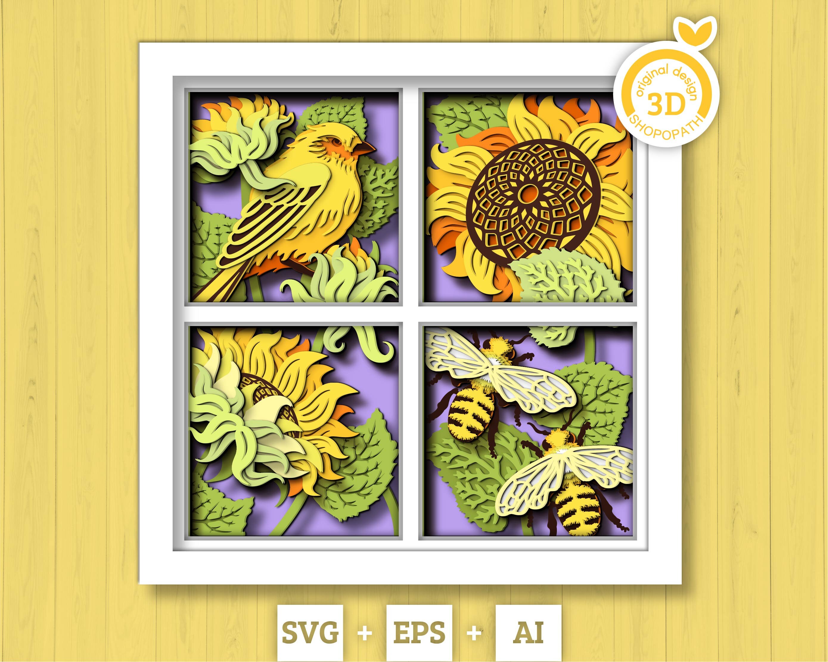 3D Layered Honey Bee and Goldfinch With Sunflowers Shadow Box SVG ...