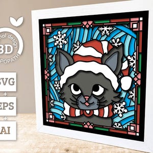 3D SVG Stained Glass Kitten With Santa Hat Shadow Box, 3D SVG Christmas ...