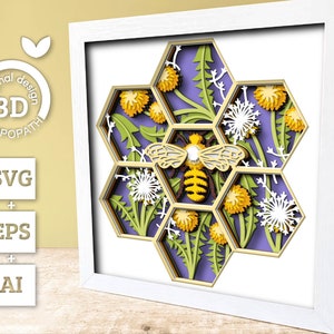 3D Bee Shadow Box SVG Layered Dandelions SVG, Spring Shadow Box, Honey Bee 3D Svg, Honey Comb 3d ...