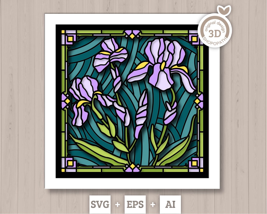 3D SVG Stained Glass Iris Flowers Shadow Box, Iris Bouquet 3d Svg, 3D ...