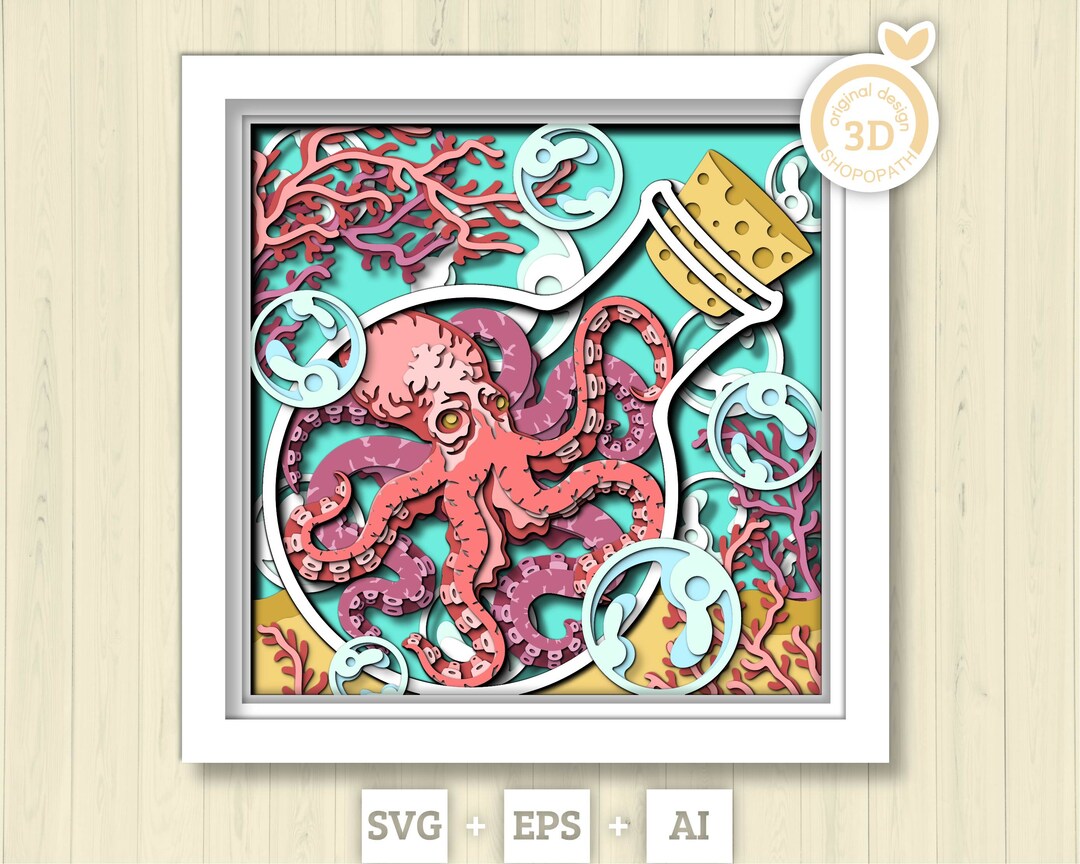 3D SVG Octopus in Bottle With Coral Reef Shadow Box, Octopus 3D Svg ...