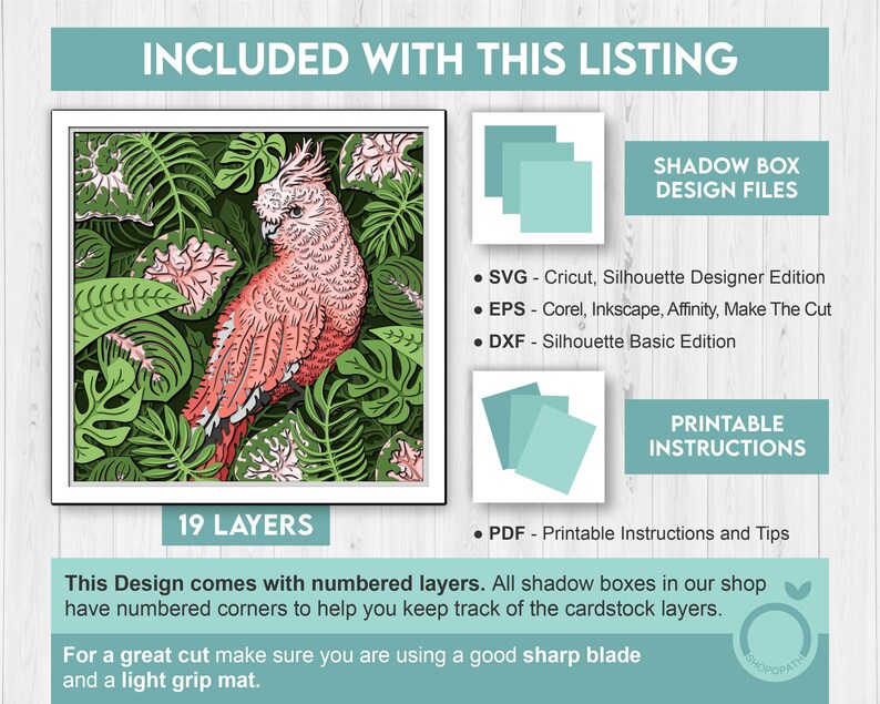 Cockatoo With Tropical Plants - 3D Shadow Box Layered SVG DXF EPS ...