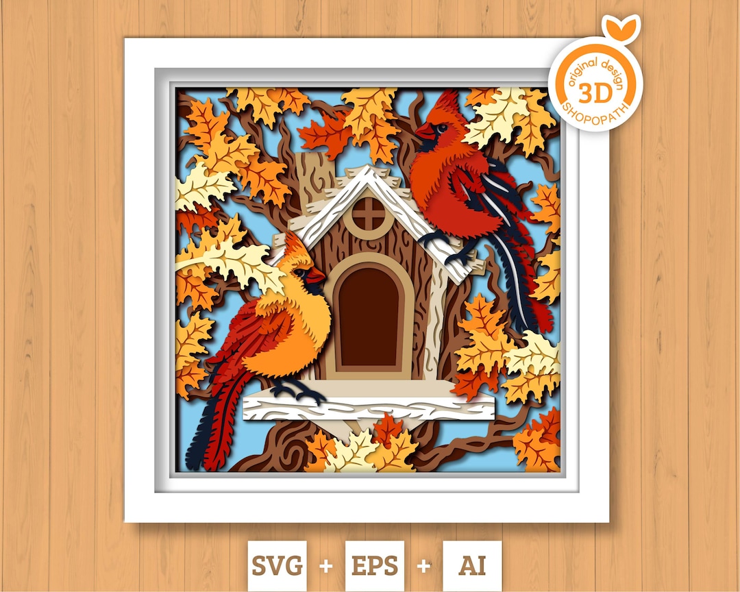3D SVG Cardinal Couple on Birdhouse Shadow Box, 3D SVG Cardinal ...