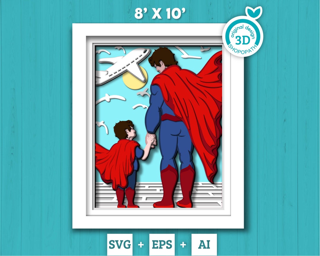 3D SVG Son and Father Shadow Box, 8x10 Inch Super Dad 3D SVG, Playtime ...