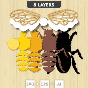3D Layered Bee SVG PDF EPS, 3D Layered Bee, Layered Papercut Svg, Bugs ...
