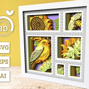 3D Layered Sunflowers With Honey Bee and Goldfinch Stamp Frame Shadow ...