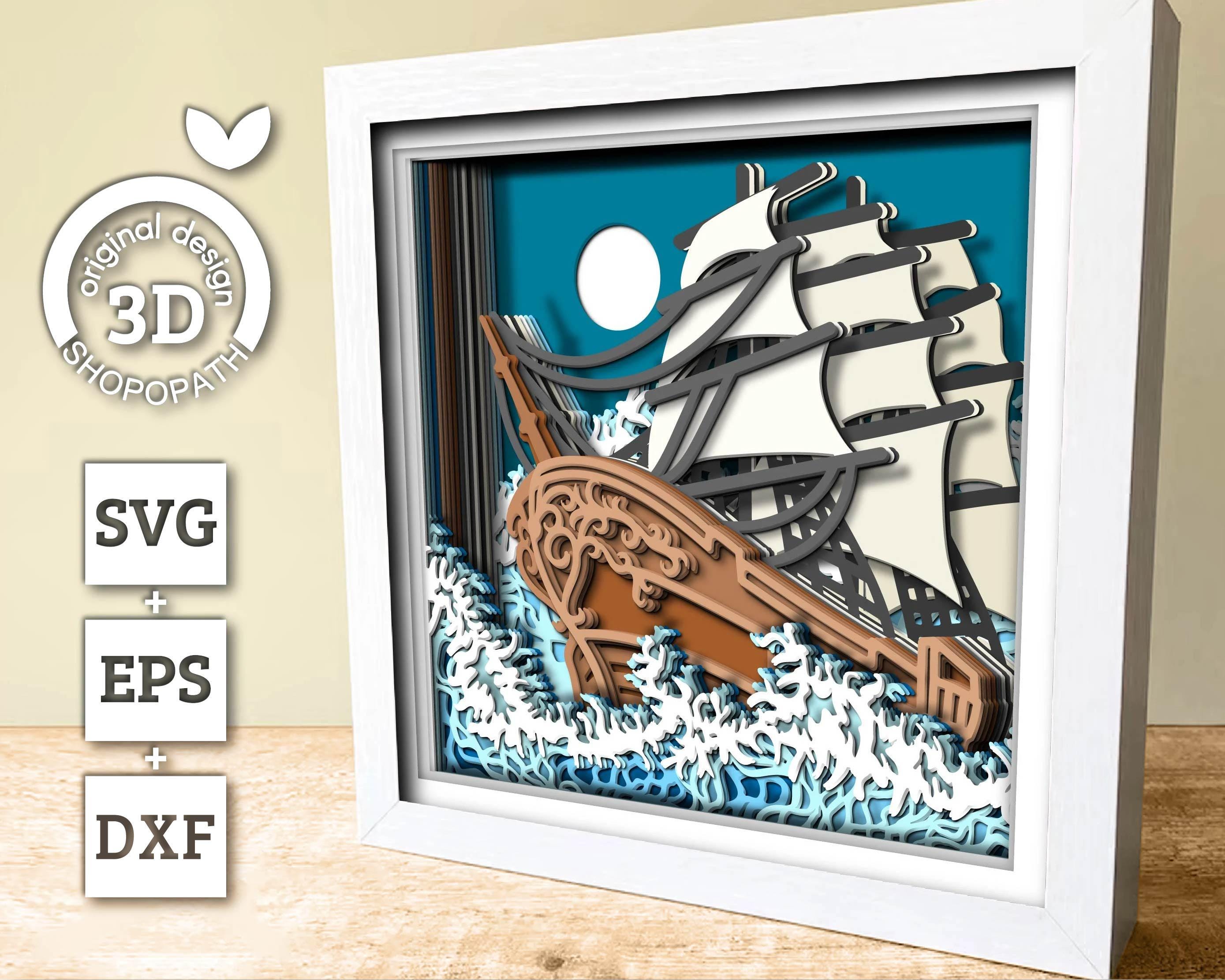 3D SVG Sailing Ship Shadow Box, Ship 3D Svg, Beach 3d Svg, Sea 3D Svg ...