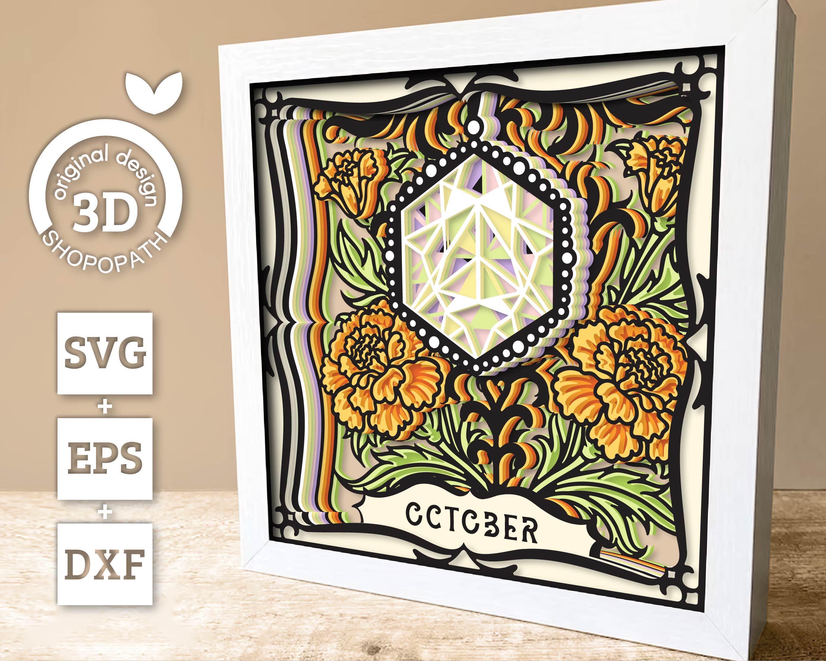 October Shadow Box 3D SVG Birth Month Opal Gemstone With Marigold ...