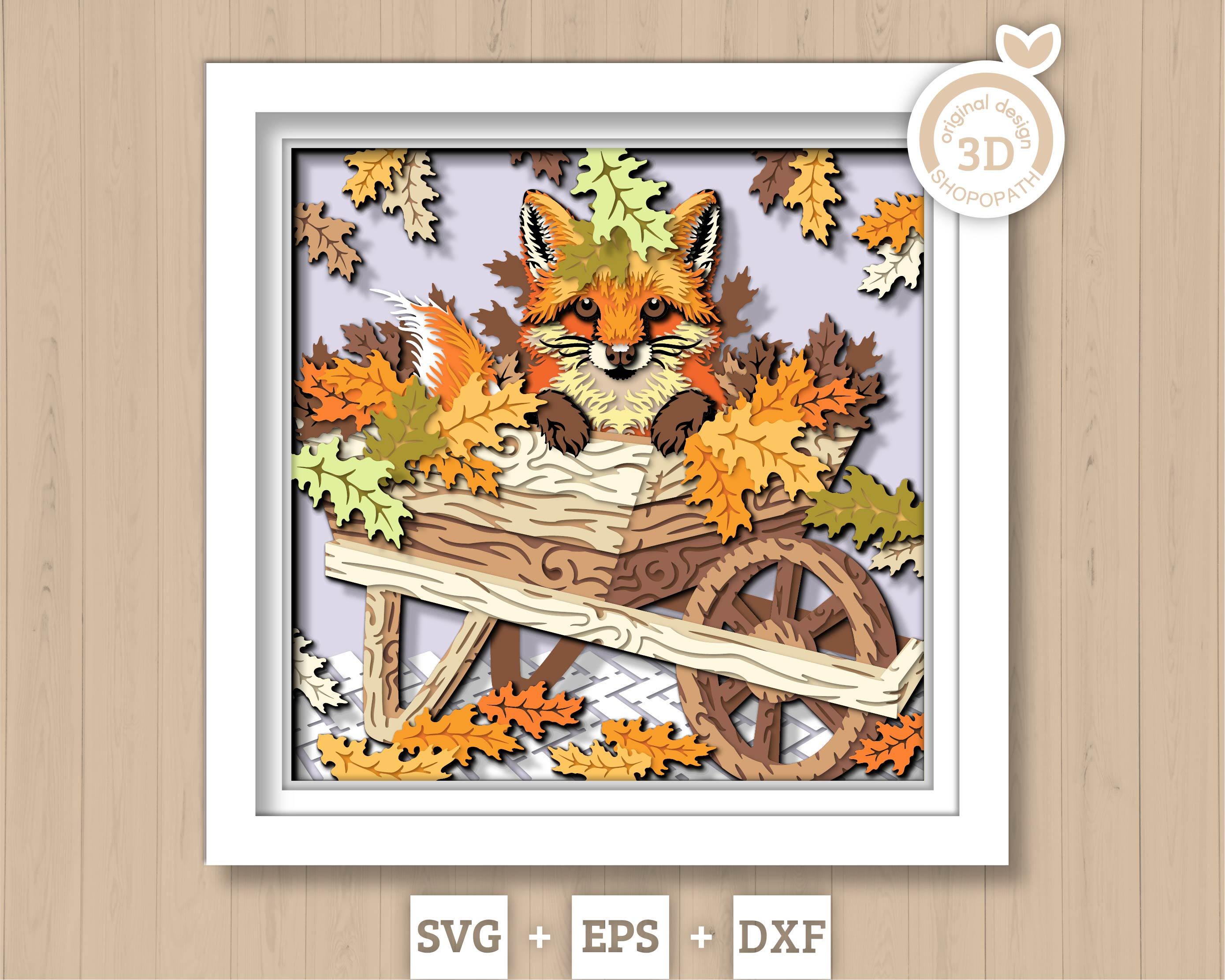 Baby Fox Shadow Box 3D SVG Sitting in Wood Cart Surrounded by Fall ...