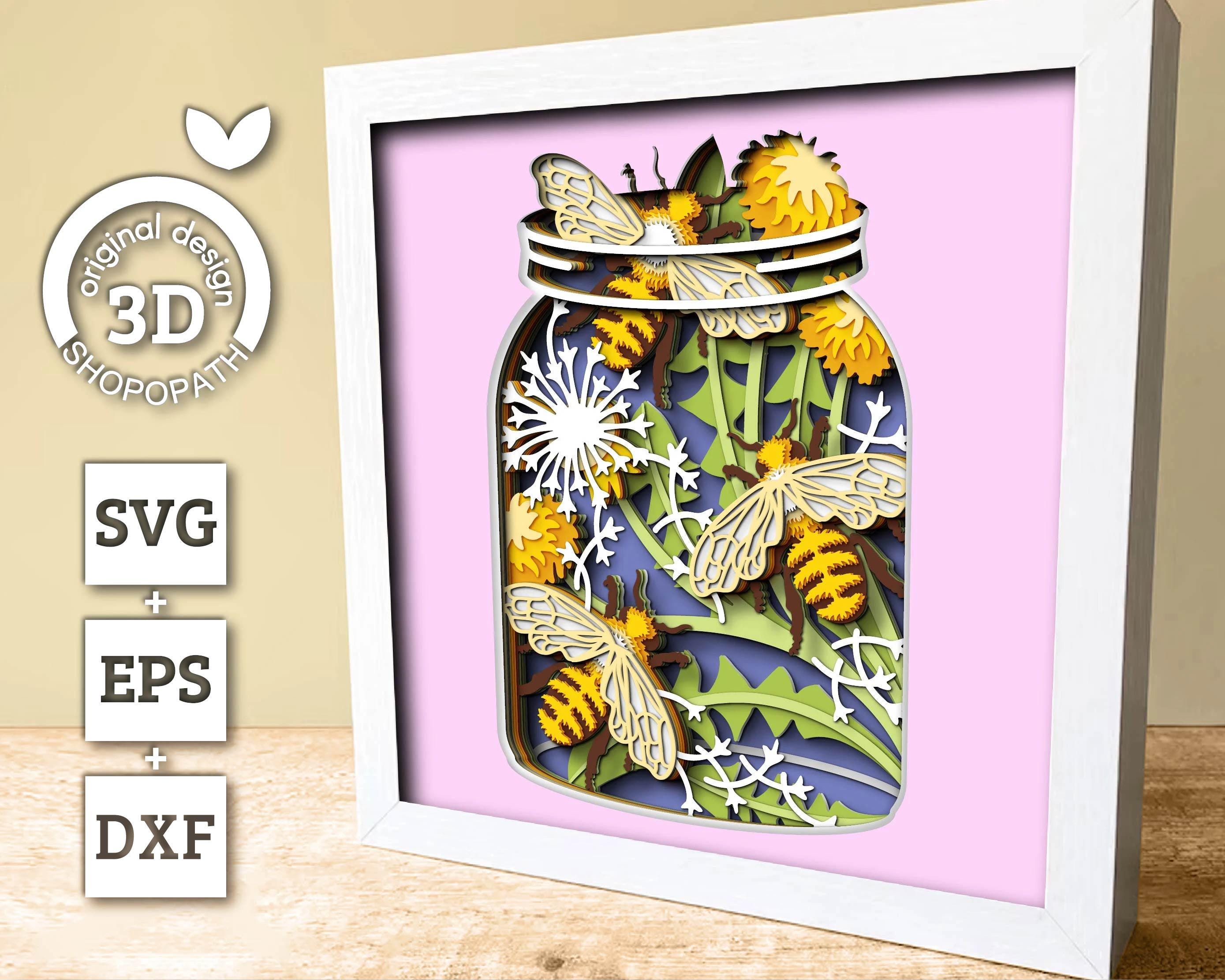 3D Bees in Jar Shadow Box SVG Layered Dandelions SVG, Spring Shadow Box ...