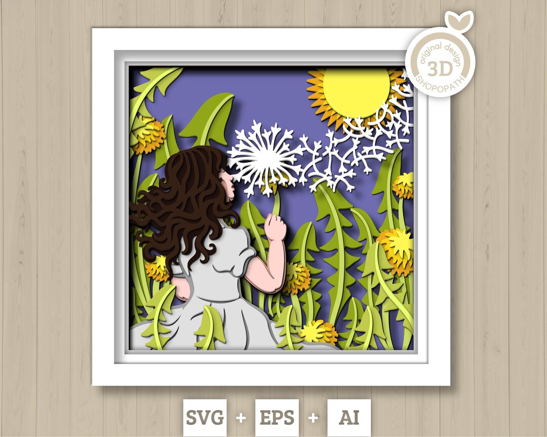 3D Dandelion Little Girl Shadow Box SVG Layered Dandelions SVG, Spring Shadow Box, Flowers 3D ...