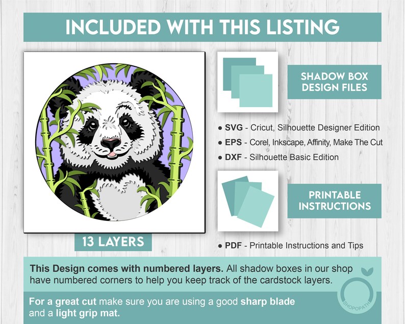 Panda With Bamboo - 3D Shadow Box Layered SVG DXF EPS (cutting Files ...