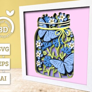 3D Butterfly in Jar Shadow Box SVG, Layered Wild Flowers SVG, Spring ...