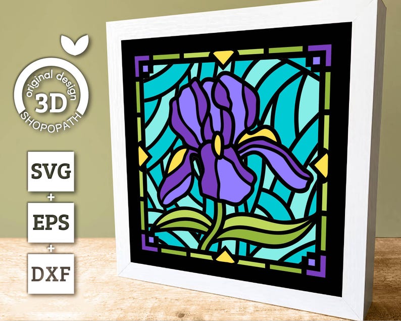 Iris Flowers Stained Glass Mini - 3D Shadow Box Layered SVG DXF EPS ...