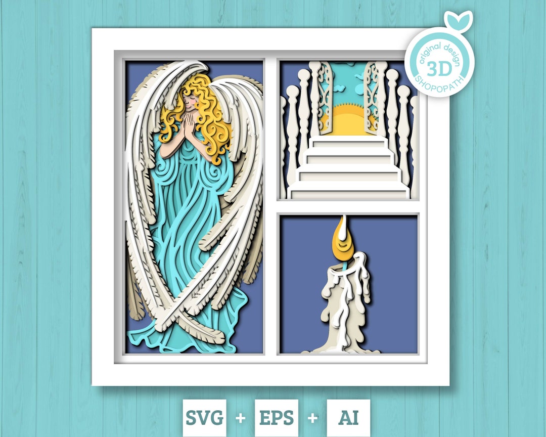 3D SVG Angel Shadow Box, Heaven Layered Candle Shadow Box Svg ...