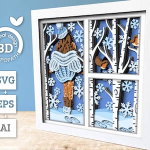 3D SVG Winter Shadow Box, Layered Robin Shadow Box Svg, Snowflakes 3D ...