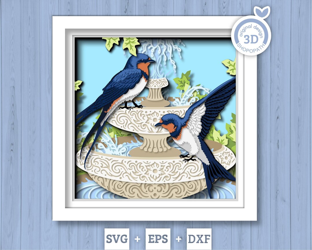Water Fountain With Swallows - 3D Shadow Box Layered SVG DXF EPS ...