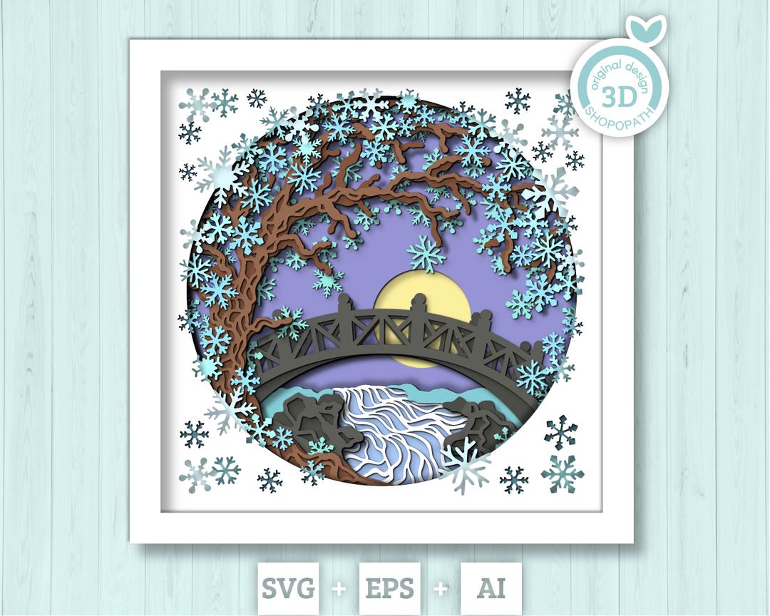 3D SVG Winter Tree With A Footbridge Over a Stream Shadow Box, 3D ...