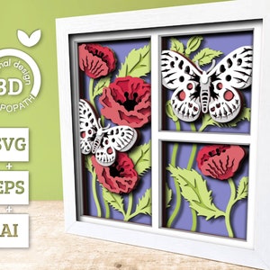 3D Butterfly Shadow Box SVG, Layered Poppy Flowers SVG, Spring Shadow ...