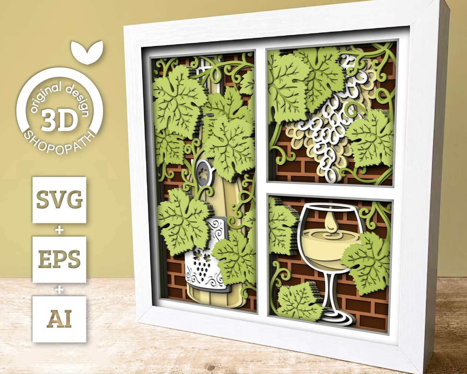 3D SVG Wine Shadow Box Layered Grape Vines, Winery Shadow Box, Wine ...