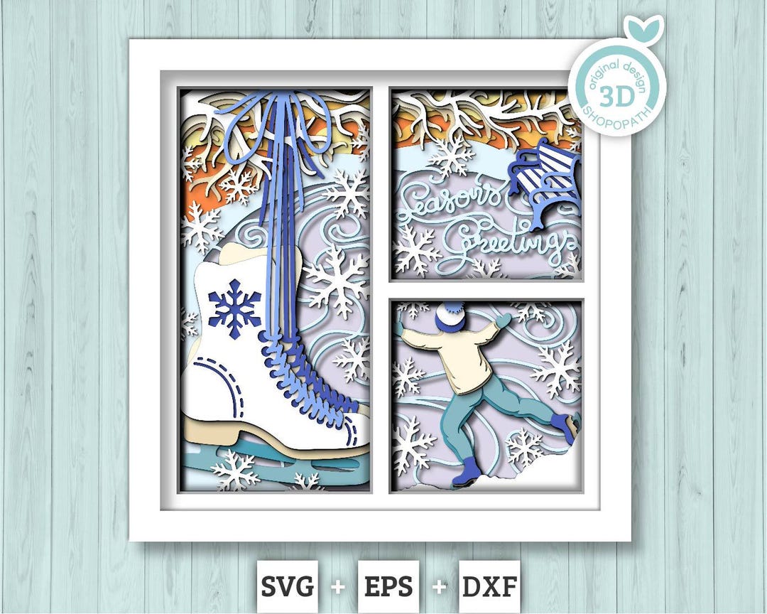 3D SVG Boy Ice Skating Shadow Box, Layered Winter Shadow Box Svg ...