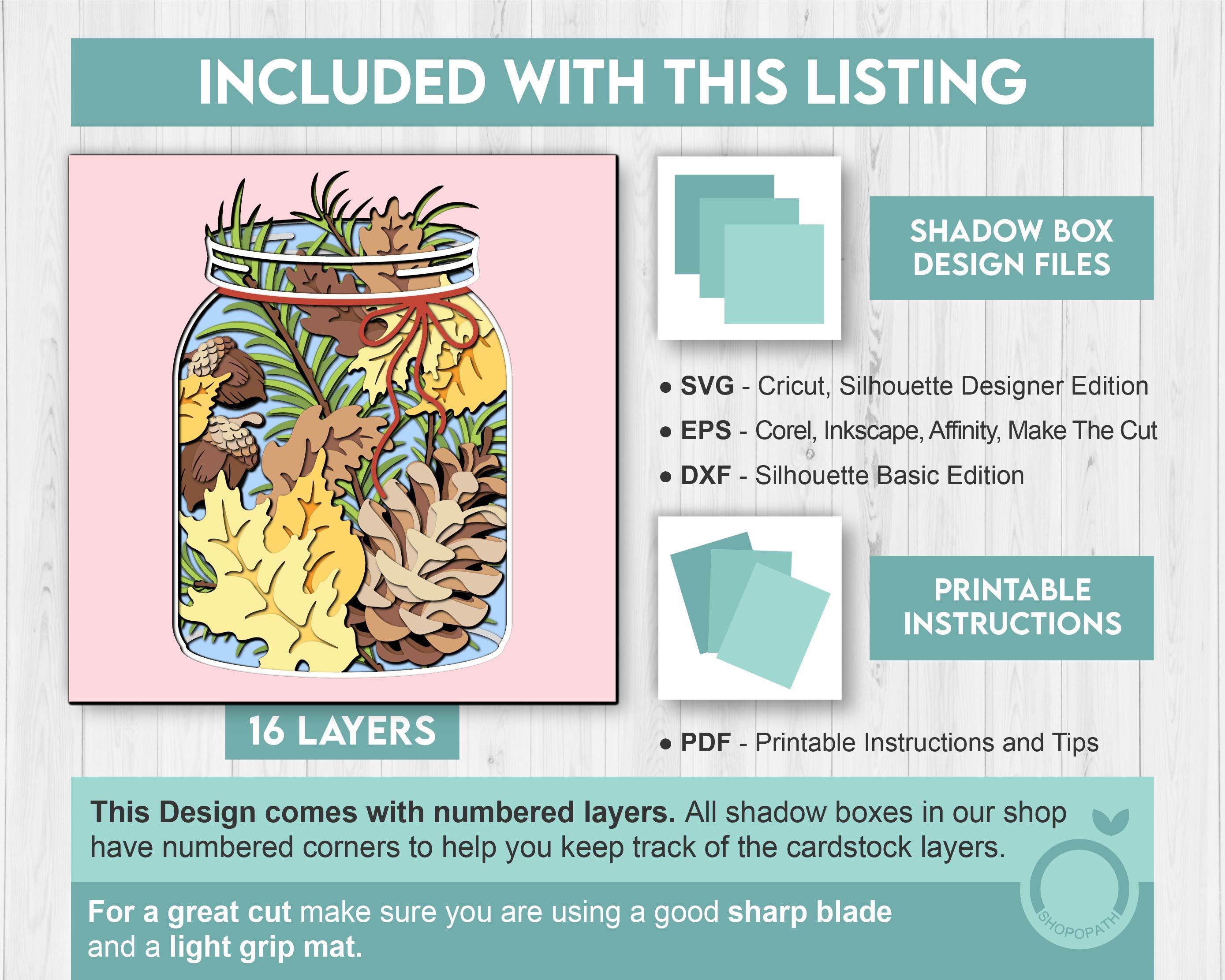 Autumn Jar Shadow Box 3D SVG With Fall Leaves, Acorns, Pine Cones and ...