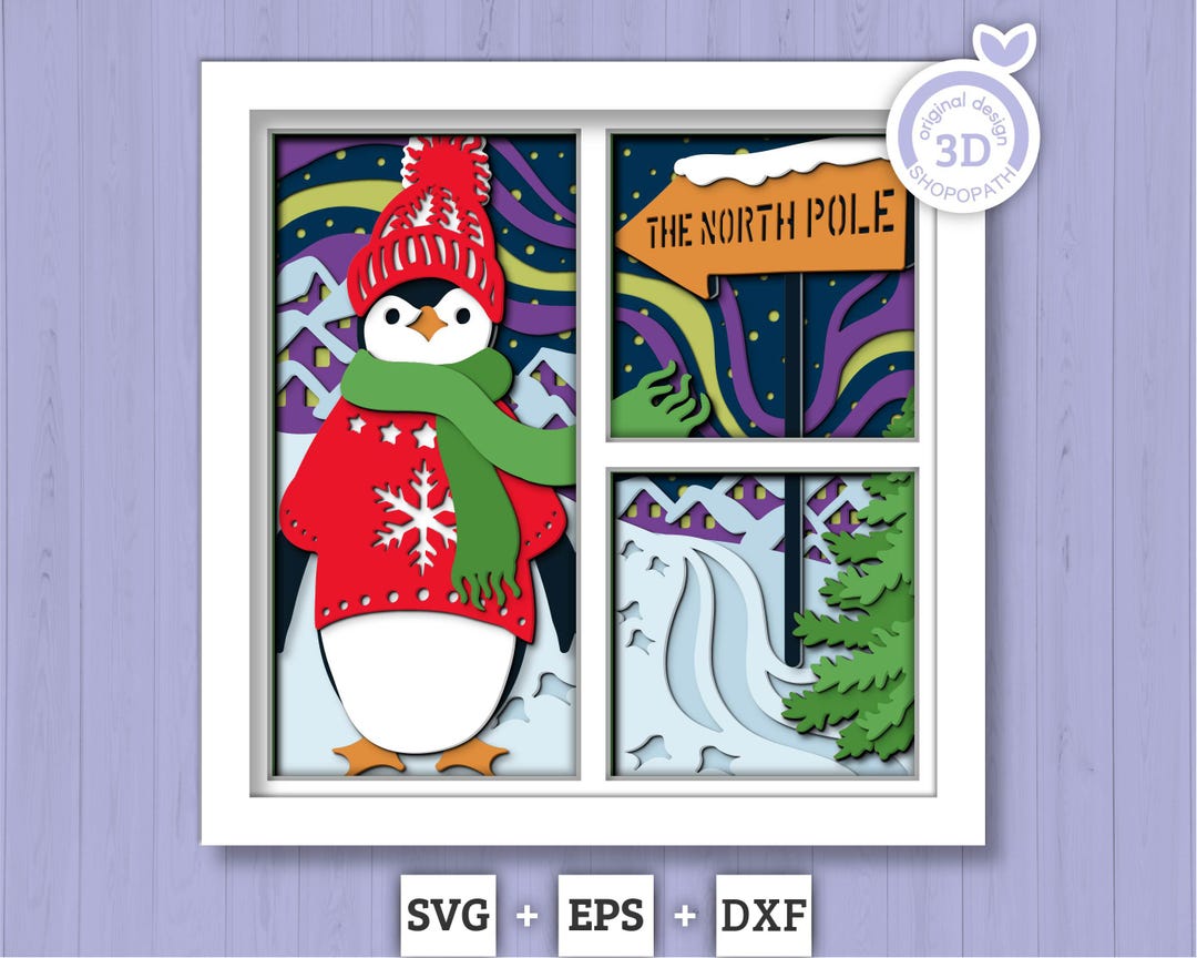 Panneaux de pingouin de Noël du pôle Nord - 3D Shadow Box en couches ...