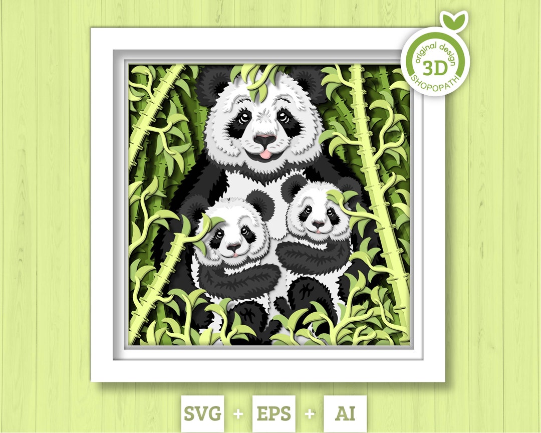 3D SVG Mother Panda With Cubs Shadow Box, 3D SVG Panda, 3D Bamboo Svg ...