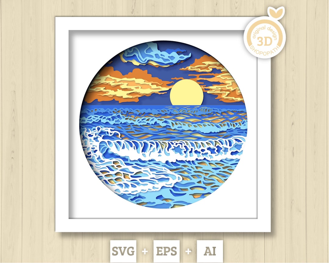 3D SVG Beach Sunset Shadow Box, Sunset 3D Svg, Beach 3d Svg, Waves 3d ...