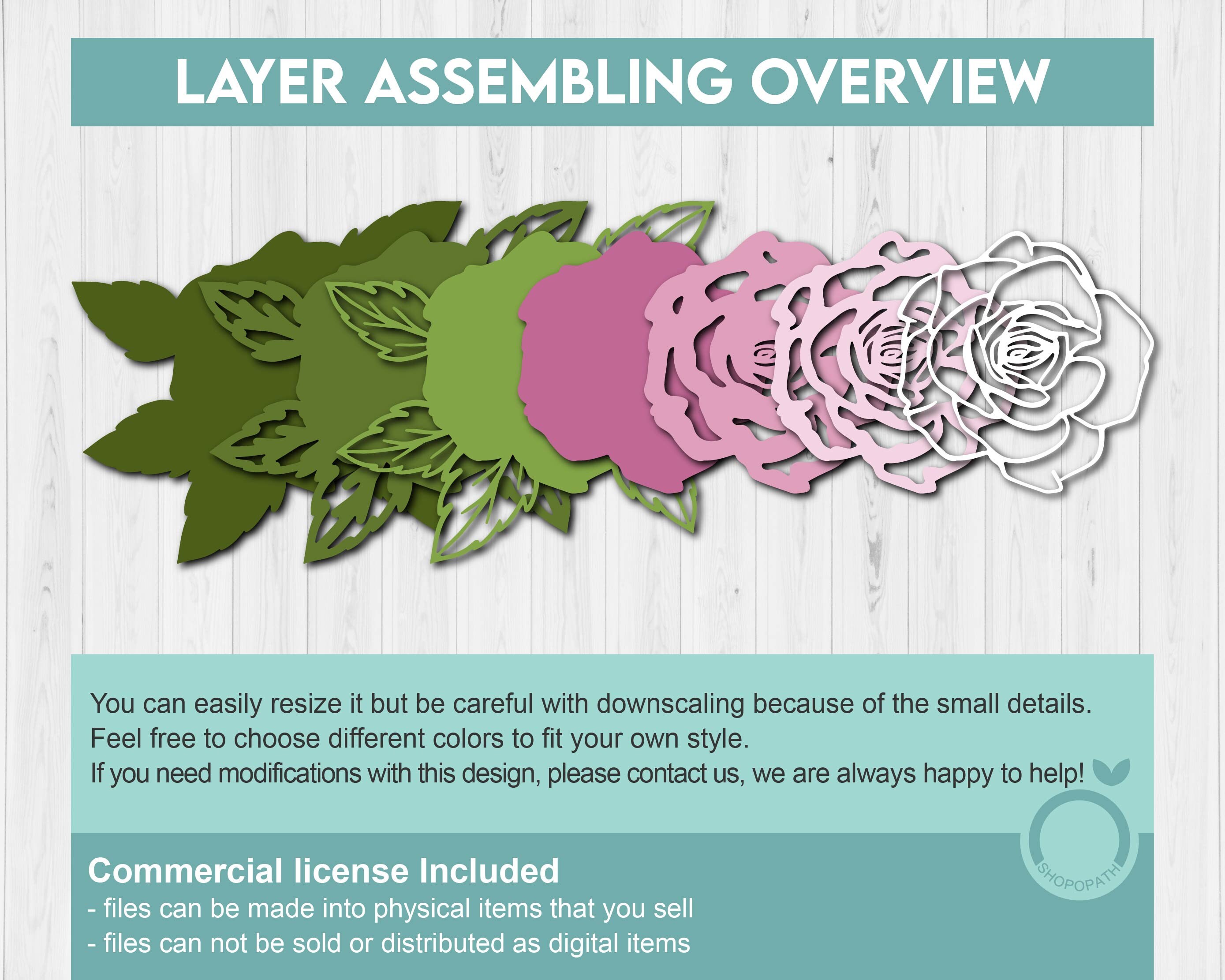 3D Layered Rose With Leaves SVG PDF EPS, Layered Flower Svg, Layered ...