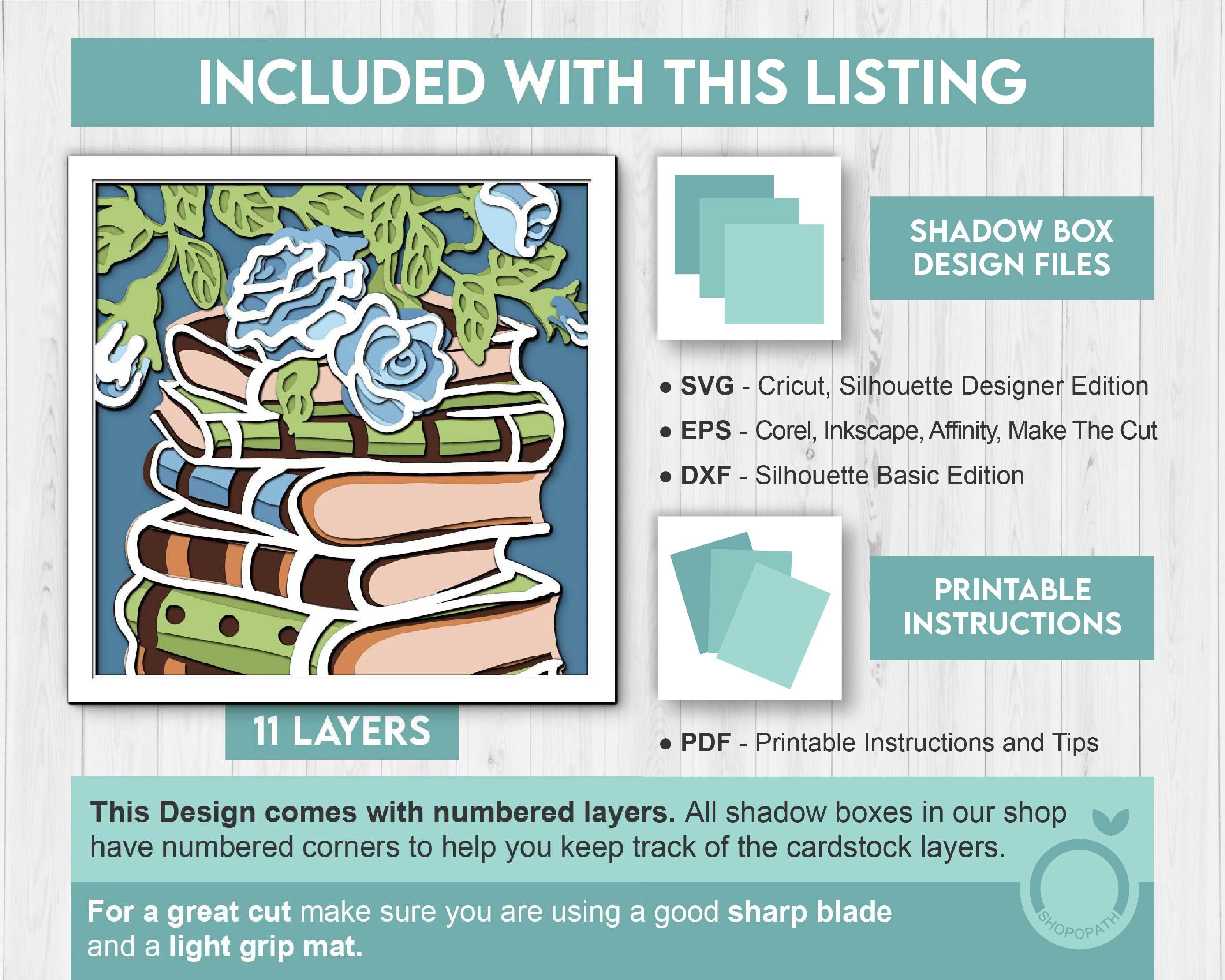 Book Stack With Roses - 3D Shadow Box Layered SVG DXF EPS (cutting ...