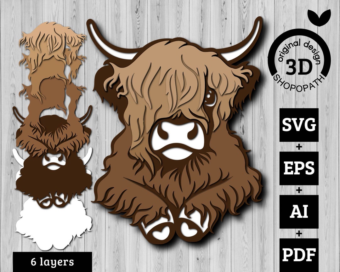 3d Layered Highland Cow Svg Pdf Eps Layered Cow Svg Layered Papercut