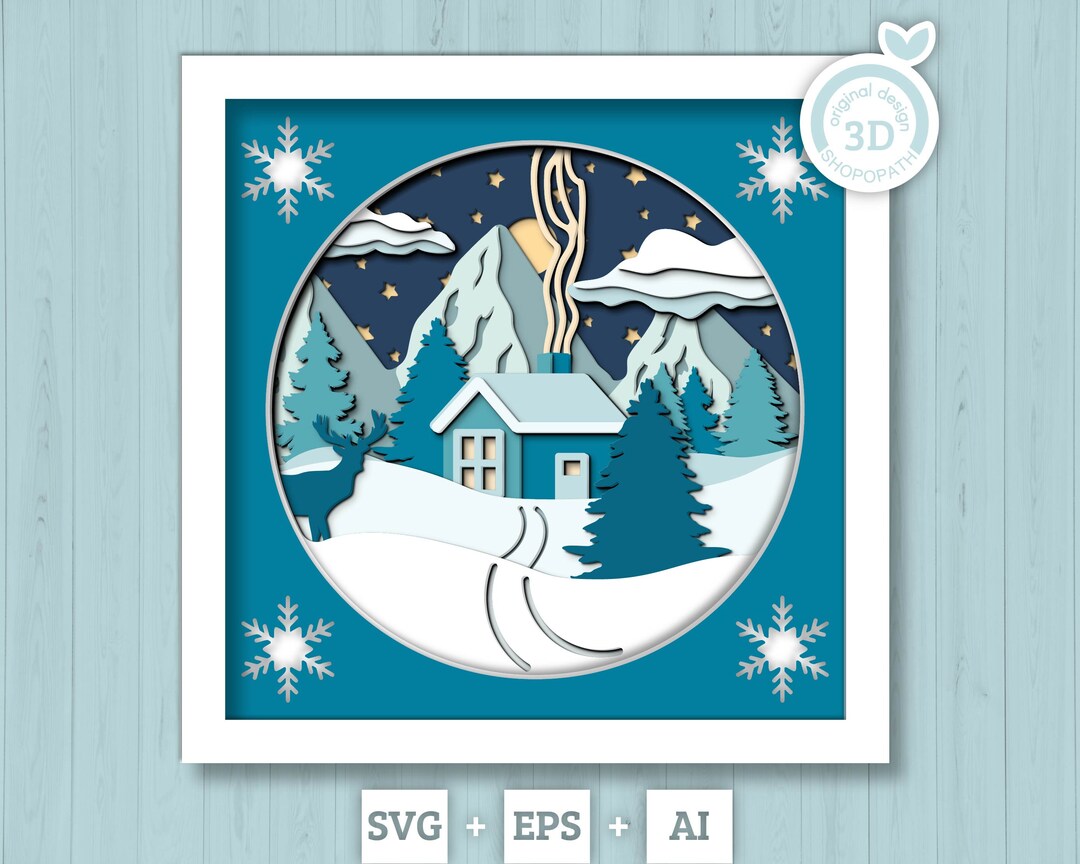 3D SVG Winter Shadow Box, Ski Cabin Shadow Box Svg, Deer 3D Svg ...