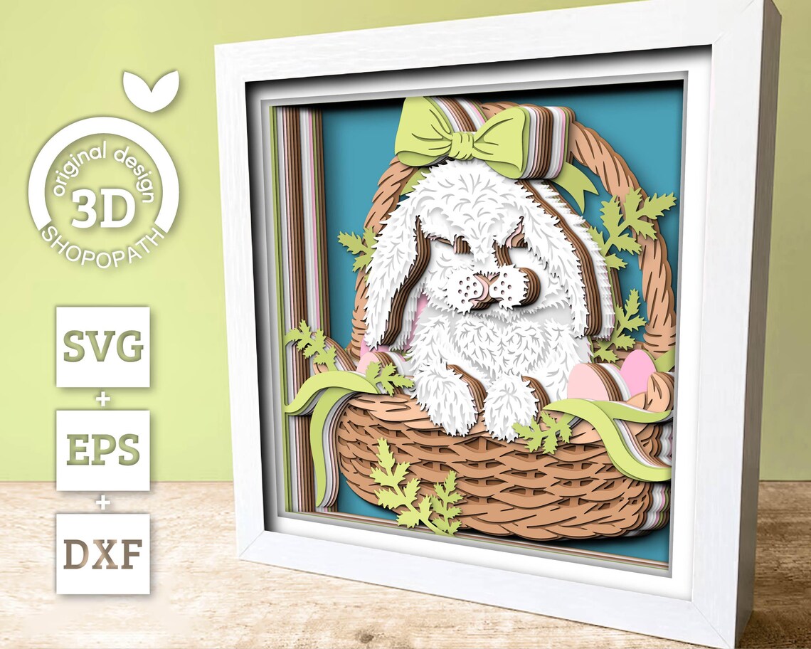 3D SVG Easter Bunny in Basket Shadow Box 3D Svg, Easter Eggs 3D SVG ...