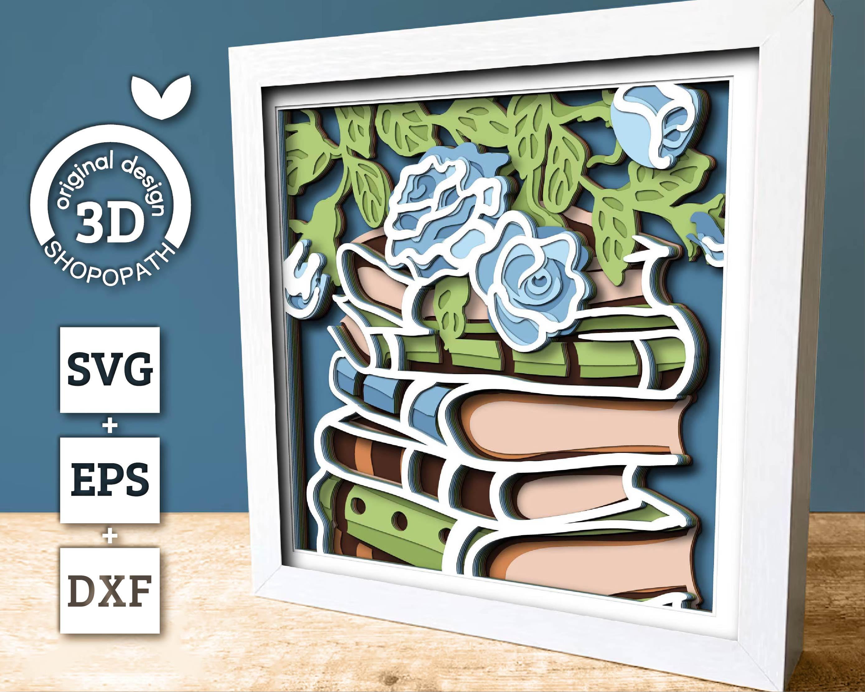 Book Stack With Roses - 3D Shadow Box Layered SVG DXF EPS (cutting ...