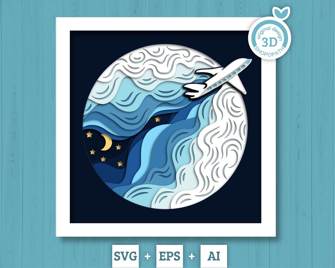 3D Layered Airplane SVG EPS, Travelling Shadow Box, Clouds 3D Svg ...