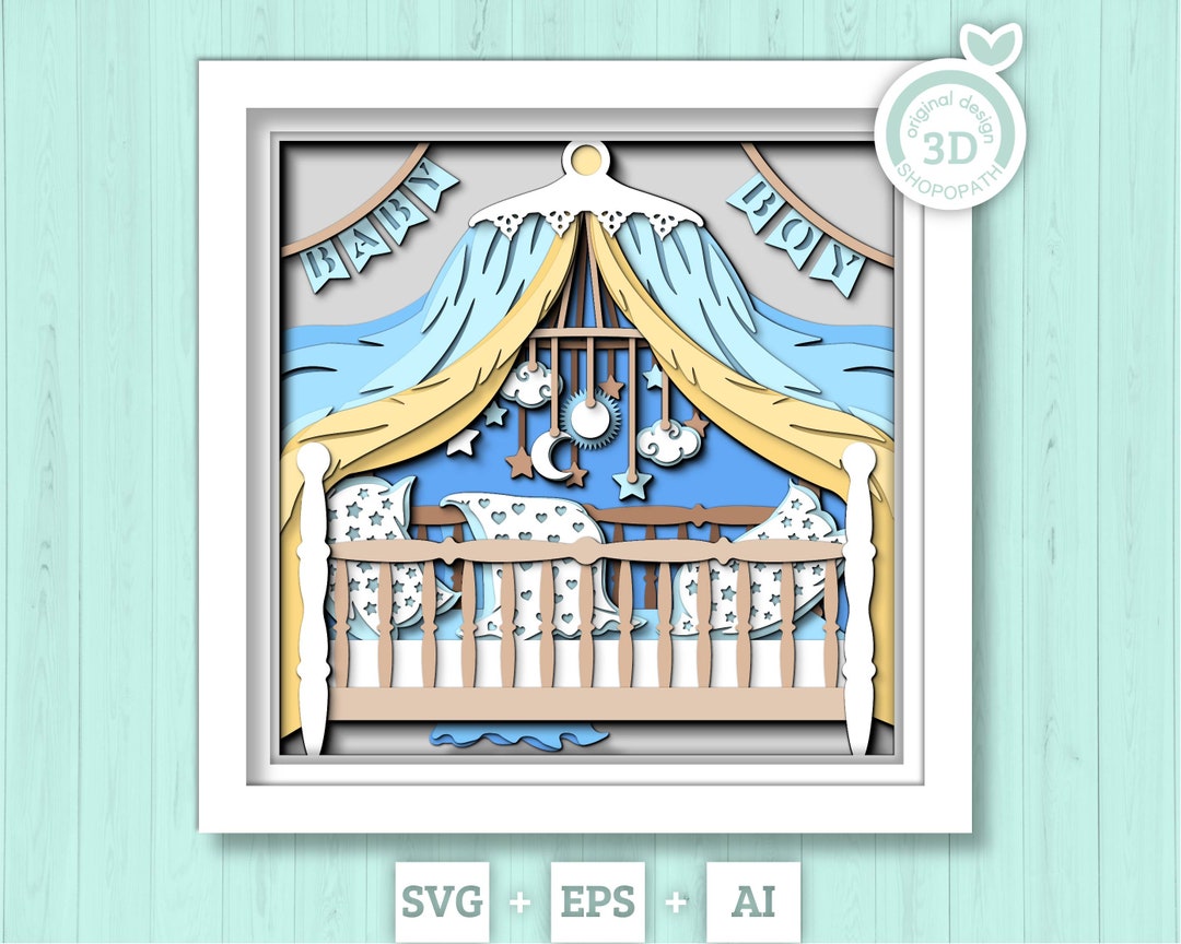 3D Baby Boy Crib Shadow Box SVG, Baby Shower Decor 3d SVG, Cute Baby 3d ...