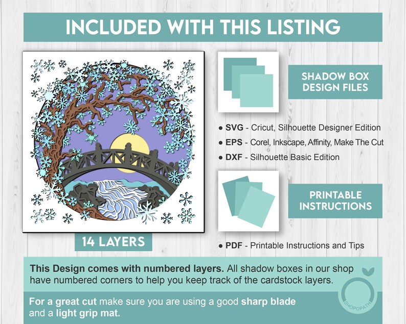 3D SVG Winter Tree With A Footbridge Over a Stream Shadow Box, 3D ...