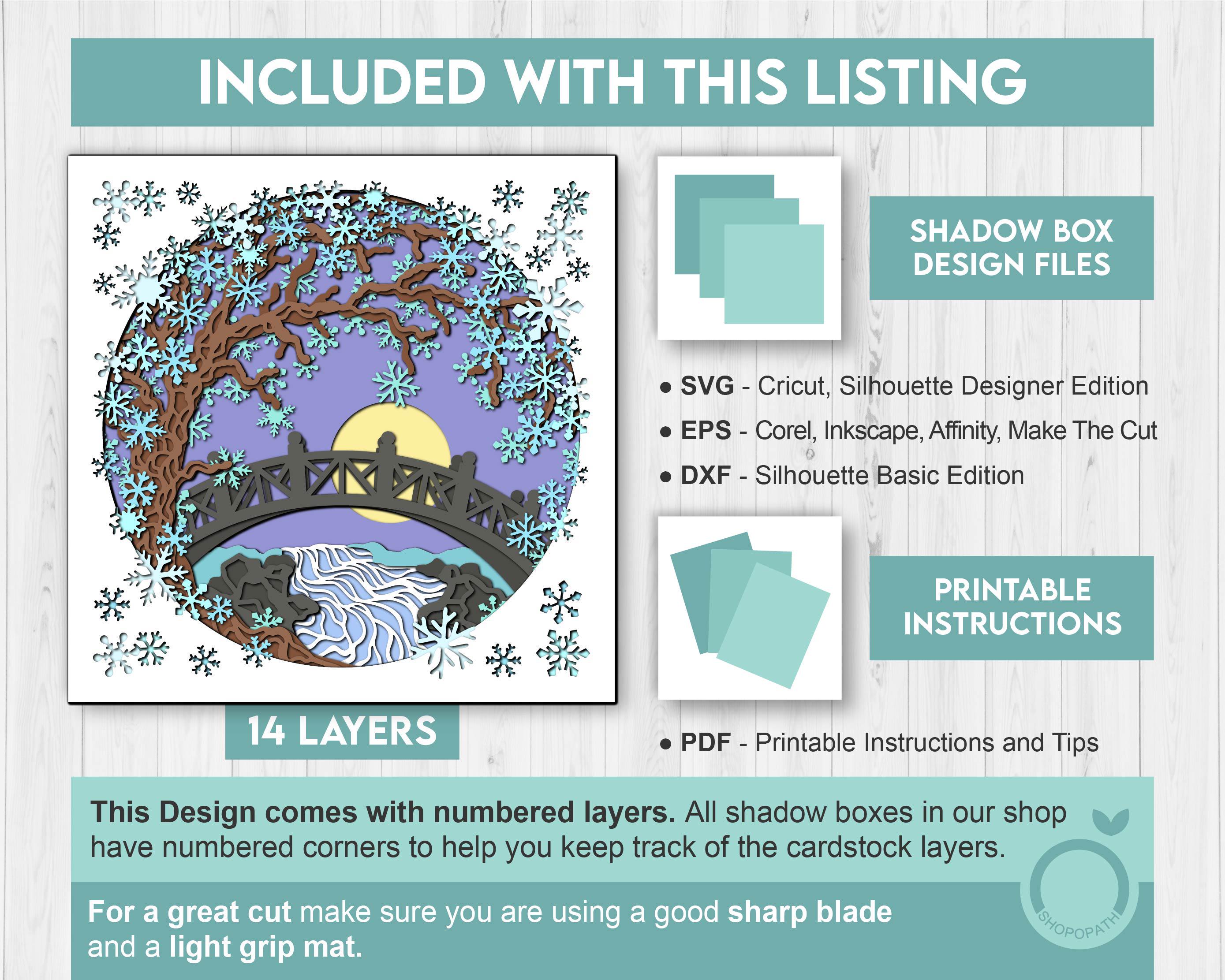 3D SVG Winter Tree With A Footbridge Over a Stream Shadow Box, 3D ...