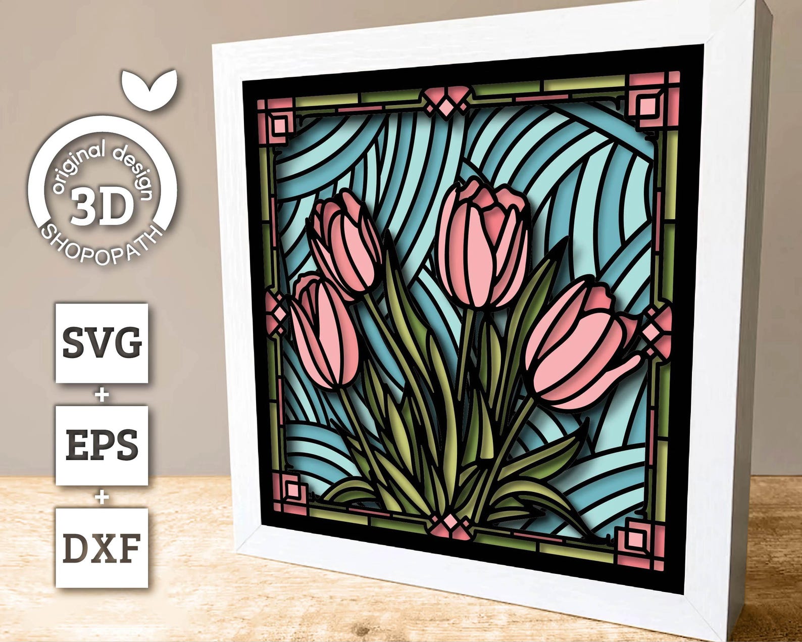 Tulip Flowers Stained Glass - 3D Shadow Box Layered SVG DXF EPS ...