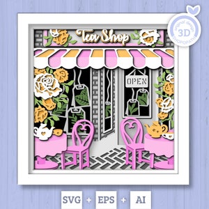 3D SVG Tea Shop Shadow Box, Tea Party 3D Svg, Tea Store 3d Svg, Roses ...