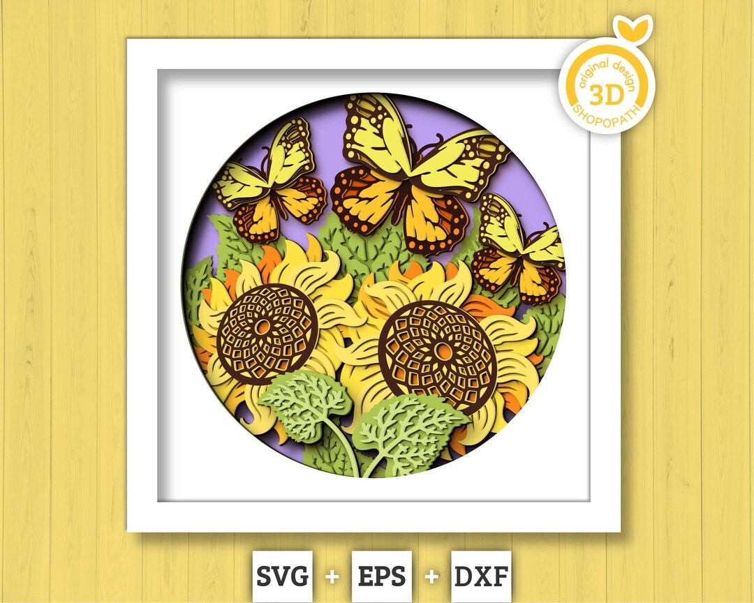 Sunflowers With Monarch Butterflies - 3D Shadow Box Layered SVG DXF EPS ...